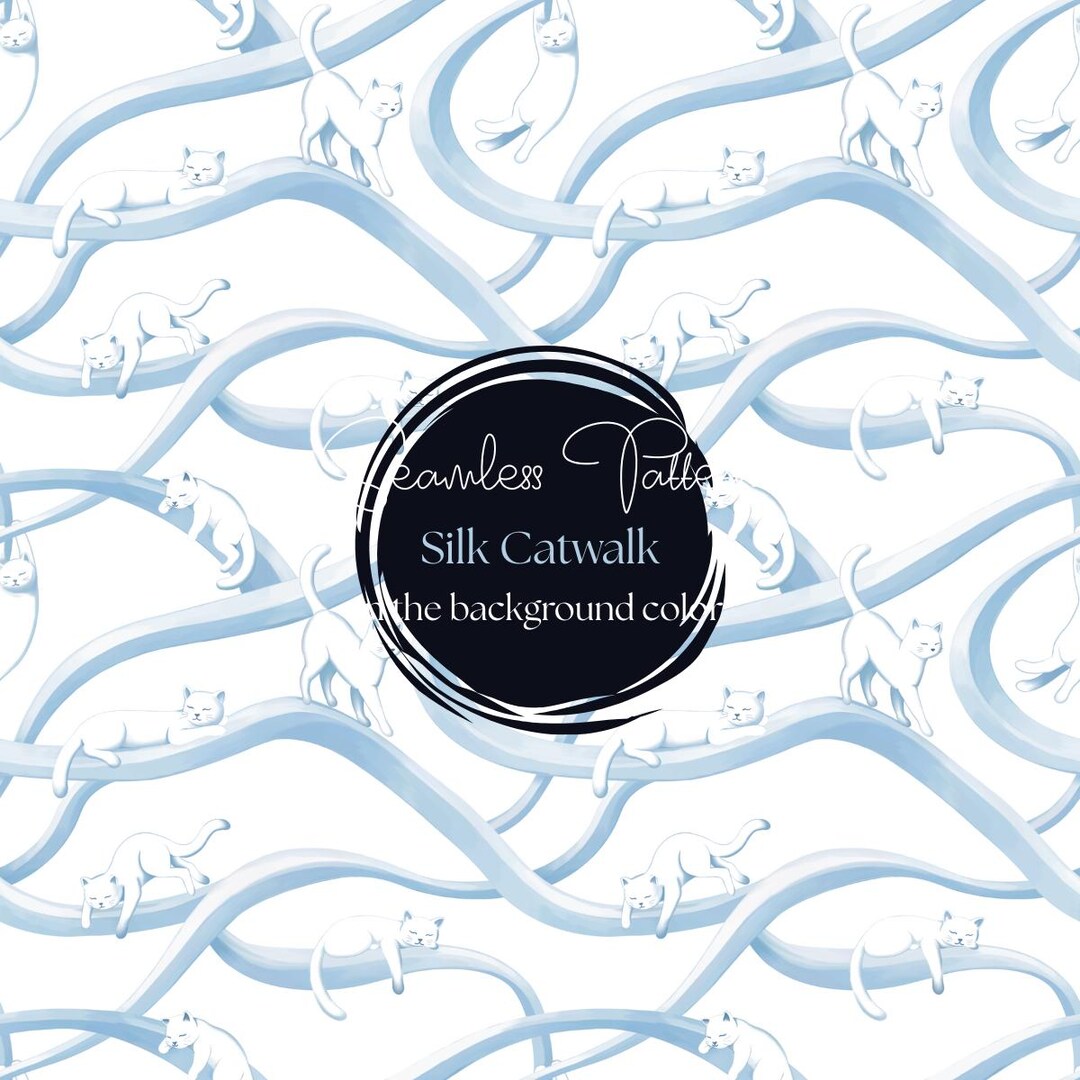 Silk Catwalk Seamless Pattern, Dreamy White Cats on Blue Ribbons, Soft ...