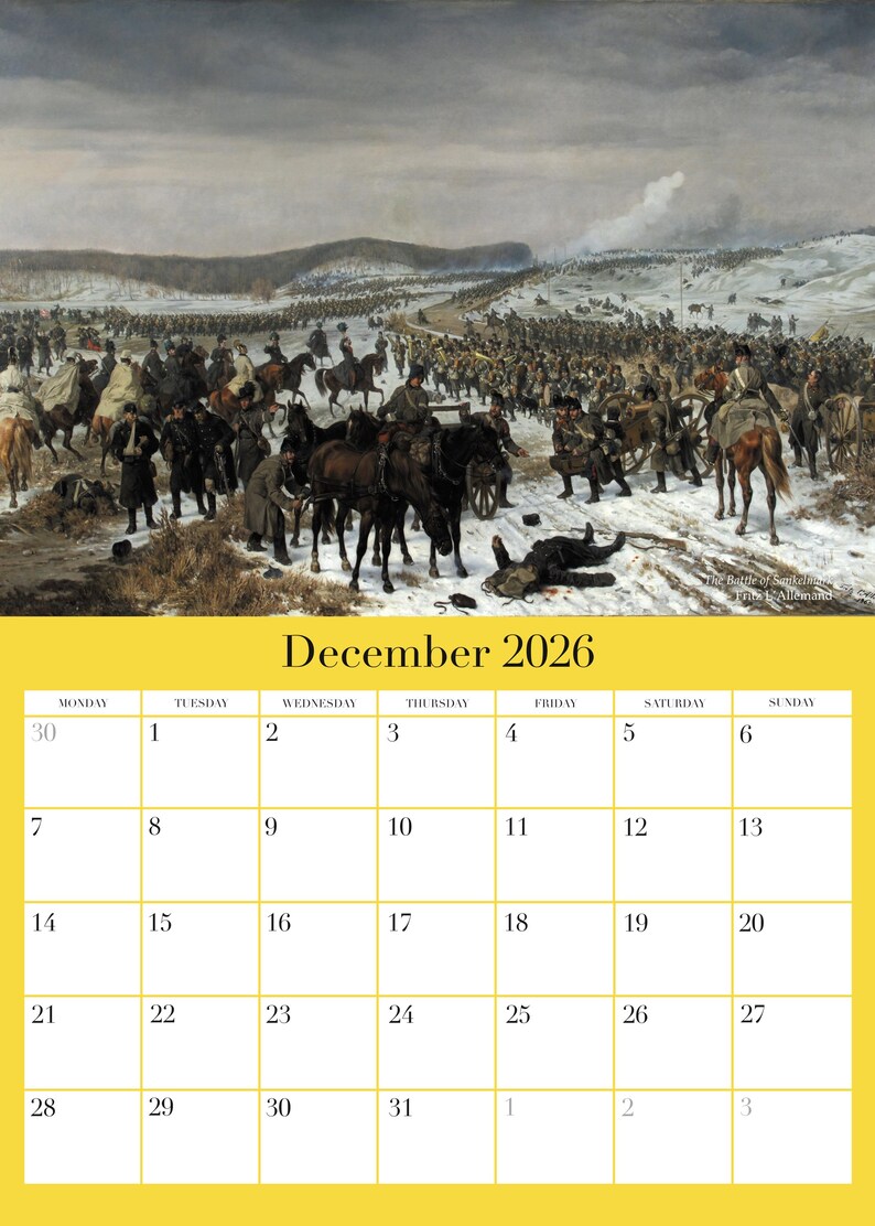 2026 Battles in Art Calendar – Monday to Sunday Layout - Printable PDF ...