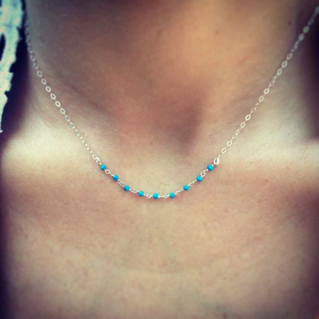 REAL Turquoise Stone Wire Wrapped Chain Necklace/choker. Sterling ...