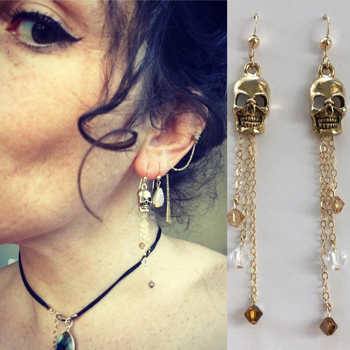 Edgy Skull Fashion Dangling Trendy Tiny Gold Skull and 14K | Etsy