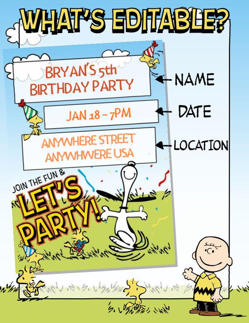 Peanuts Birthday Invitation | Personalized Snoopy Party, Canva Template ...