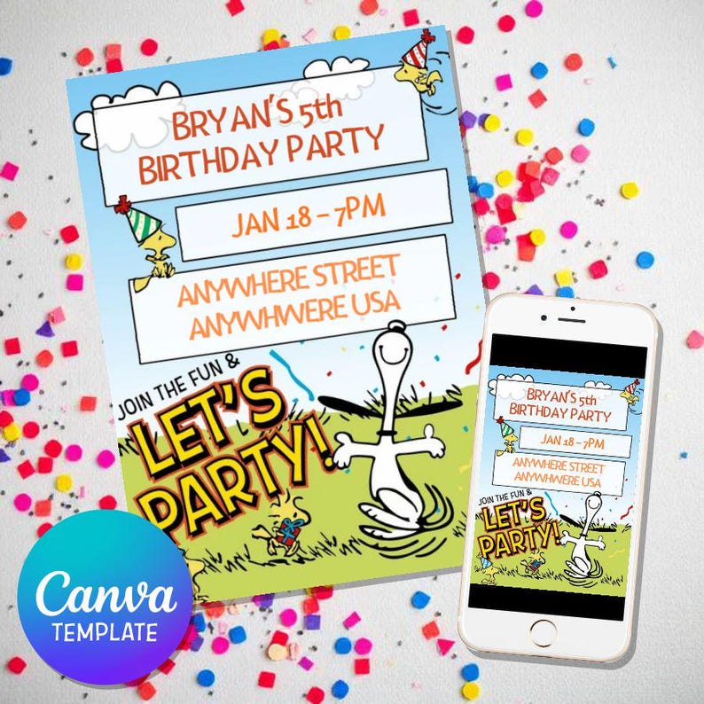 Peanuts Birthday Invitation | Personalized Snoopy Party, Canva Template ...