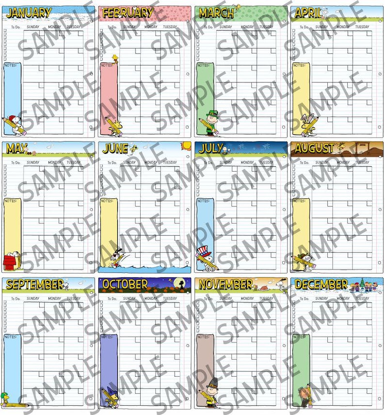 Snoopy Peanuts Undated Monthly Planner Printable PDF, 5 Sizes, Gift for ...