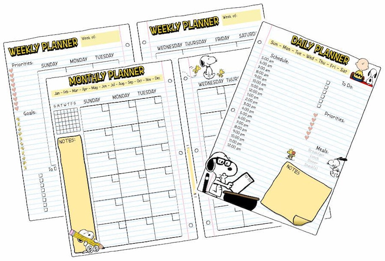 Snoopy Peanuts Weekly and Daily Planner Printable PDF, 4 Sizes, Digital ...