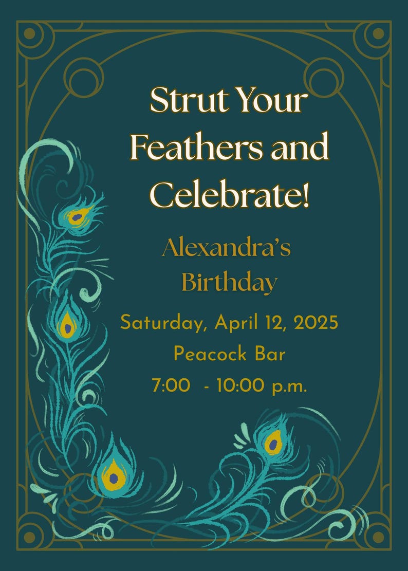 Peacock Birthday Invitation: Elegant Jewel Tone Design (editable Canva ...