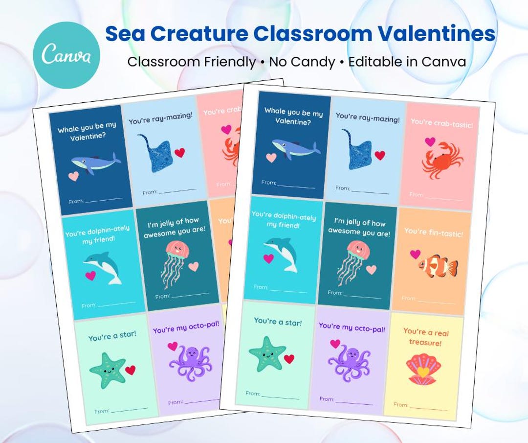 Ocean Animal Valentine Cards for Kids | Sea Creature Classroom ...