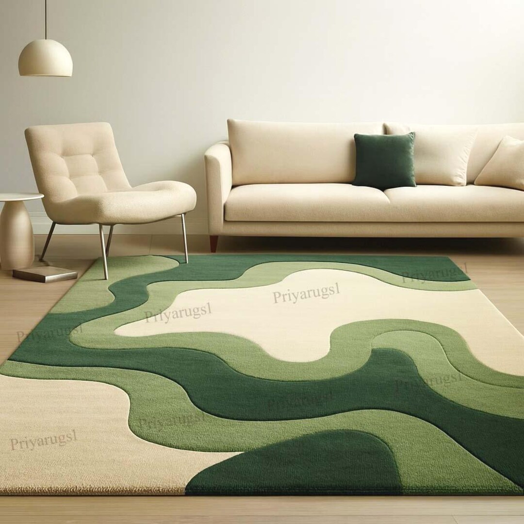Modern Green & Cream Abstract Layered Area Rug, Soft Sculpted Wave ...