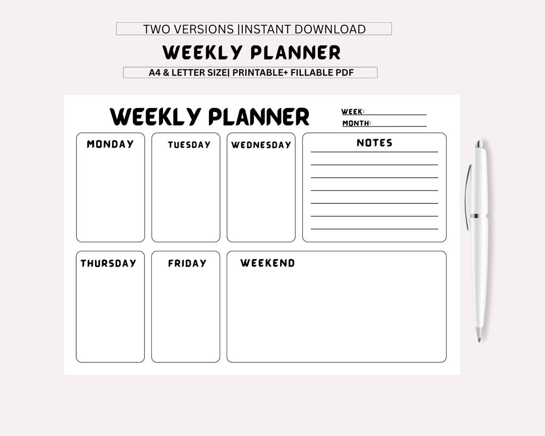 Weekly Planner Fillable PDF, Minimalist Landscape Organizer, A4 Letter ...