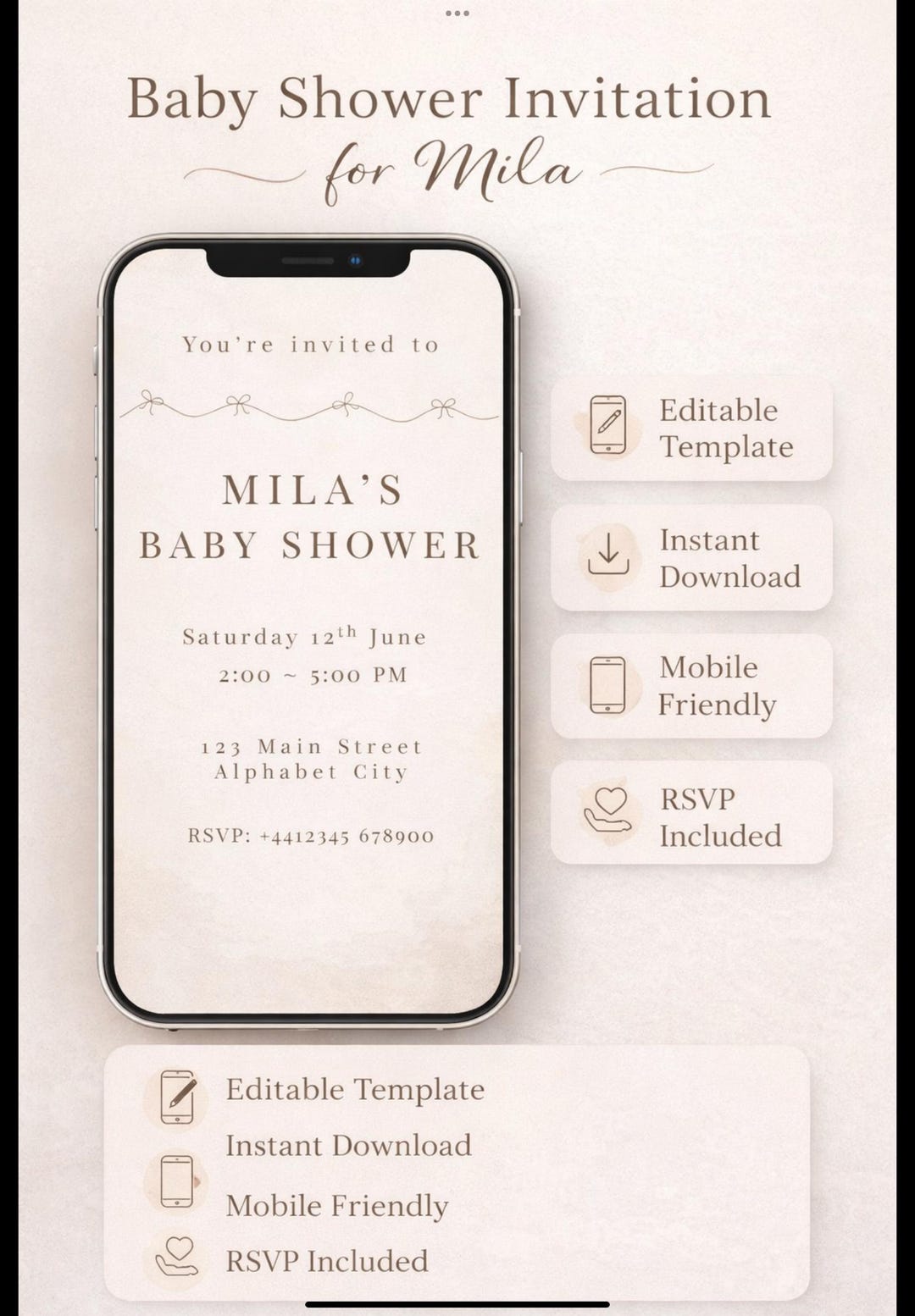 Editable Baby Shower Invitation Template, Neutral Baby Shower Invite ...