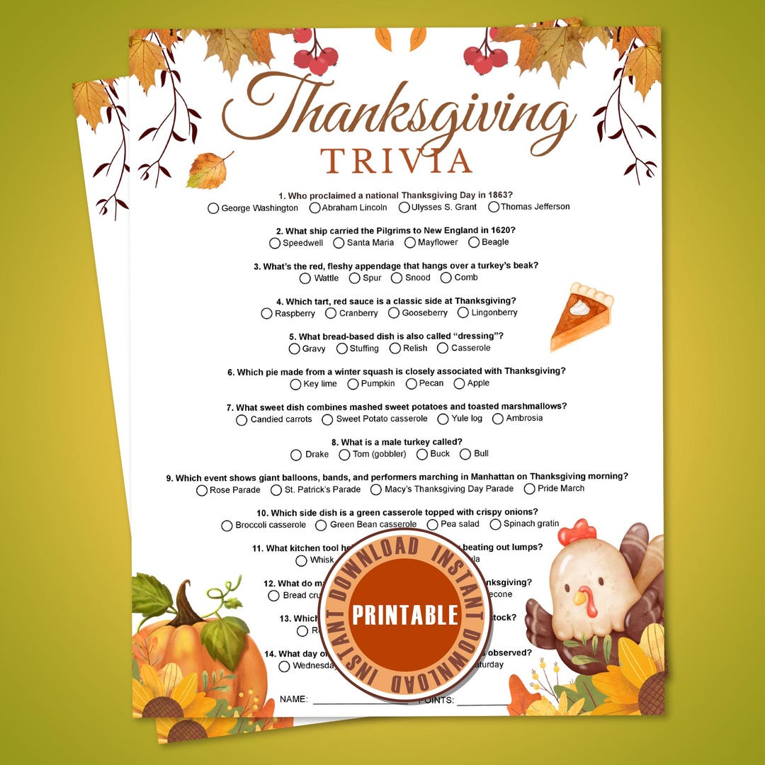 Thanksgiving Trivia Game, Printable Fall Family Activity (digital ...