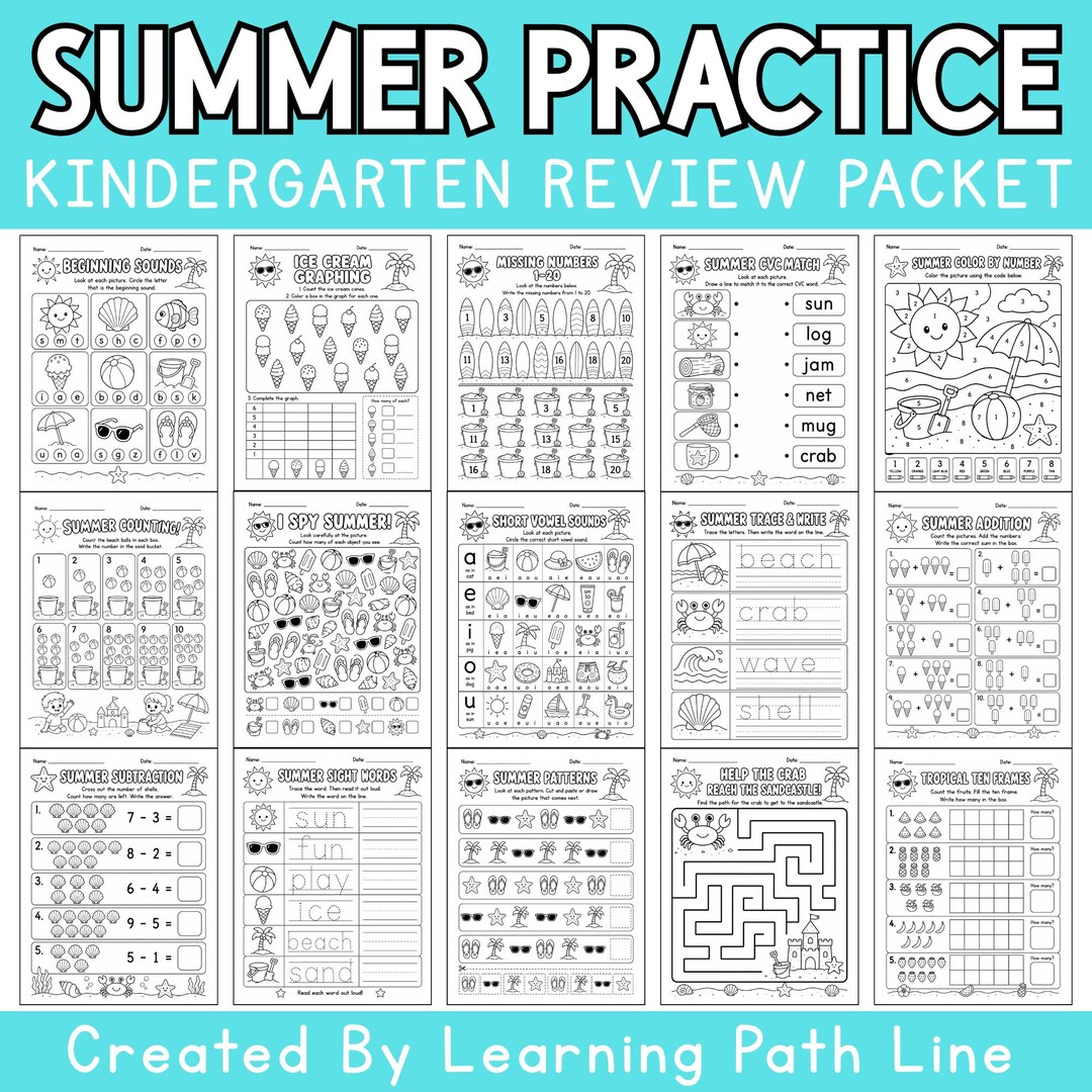 Summer Review Kindergarten Worksheets | Summer Packet Math & Literacy ...