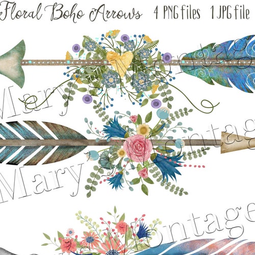 Floral Boho Arrows Set of 4 PNG Files 1 Printable Jpg Sheet - Etsy