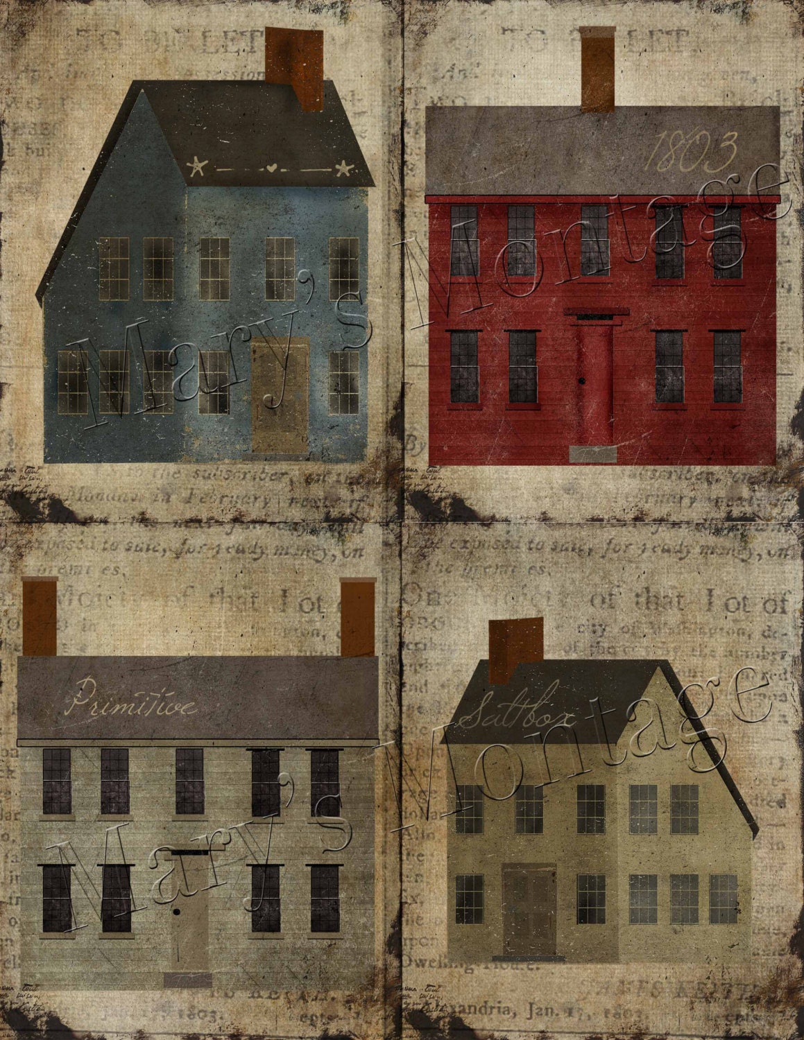 Primitive, Saltbox Houses, Art Sheet, Instant Download - Etsy