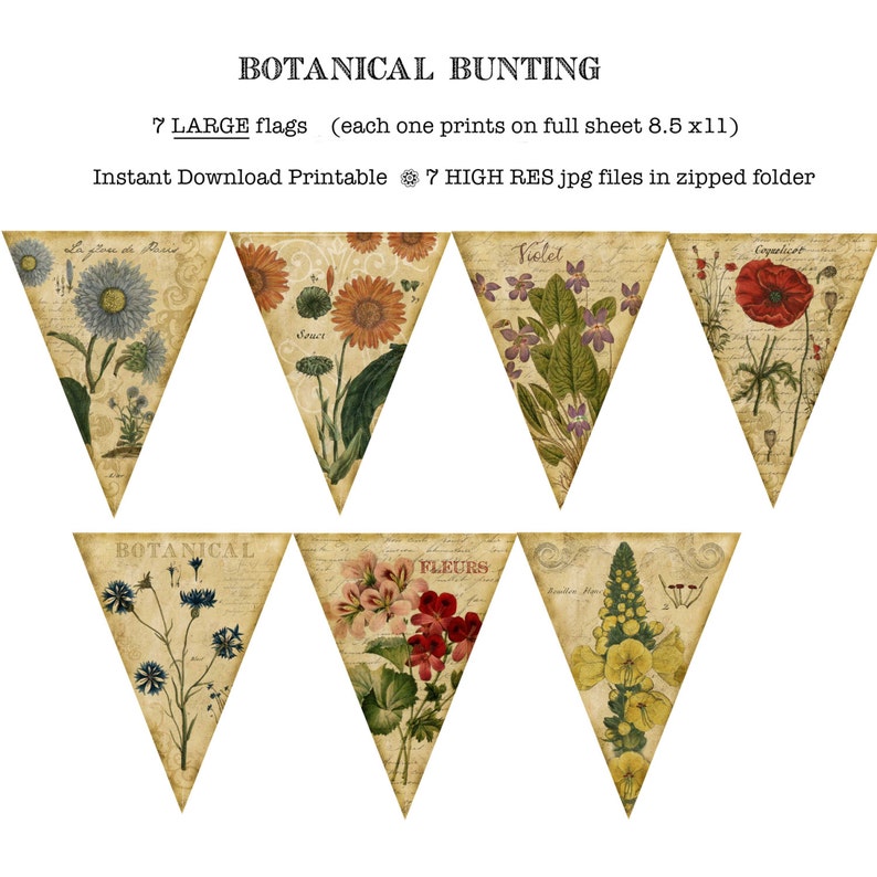 Botanical Vintage Flower Bunting Large Instant Download | Etsy