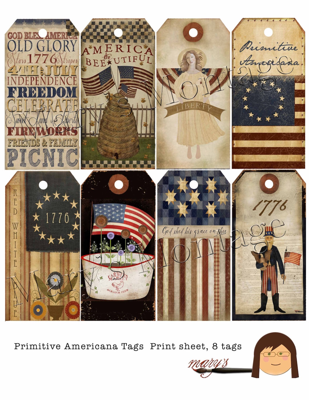 Primitive Americana, Print Sheet, 8 Tags, Printable, Download - Etsy