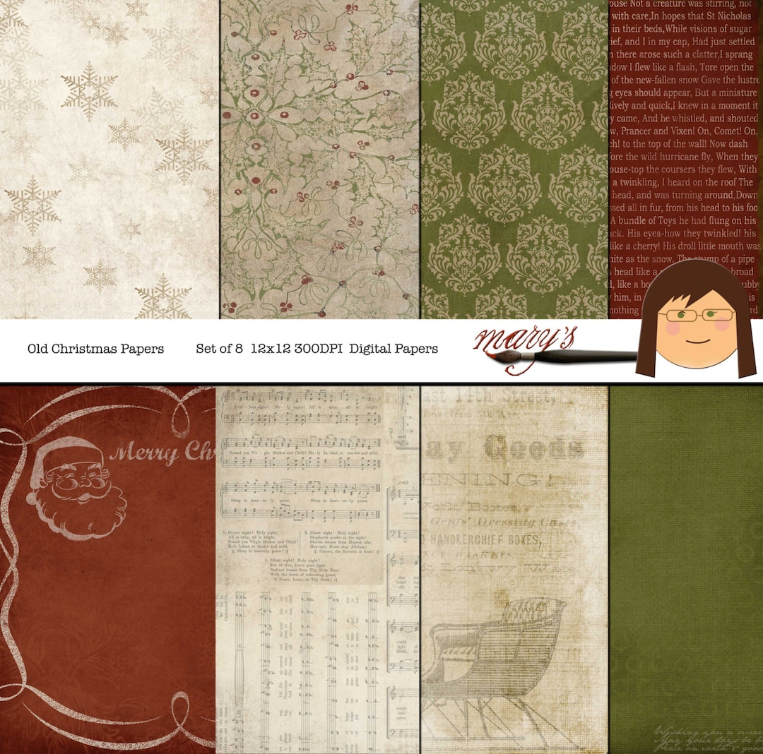 Old Christmas Papers, 8 Pack, 12x12 & 8.5x11 Digital Scrapbook ...