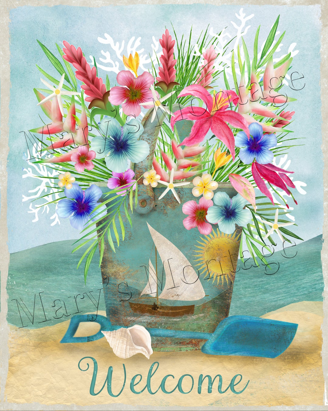 Coastal Flowers in Sand Pail 8x10 Printable Download - Etsy