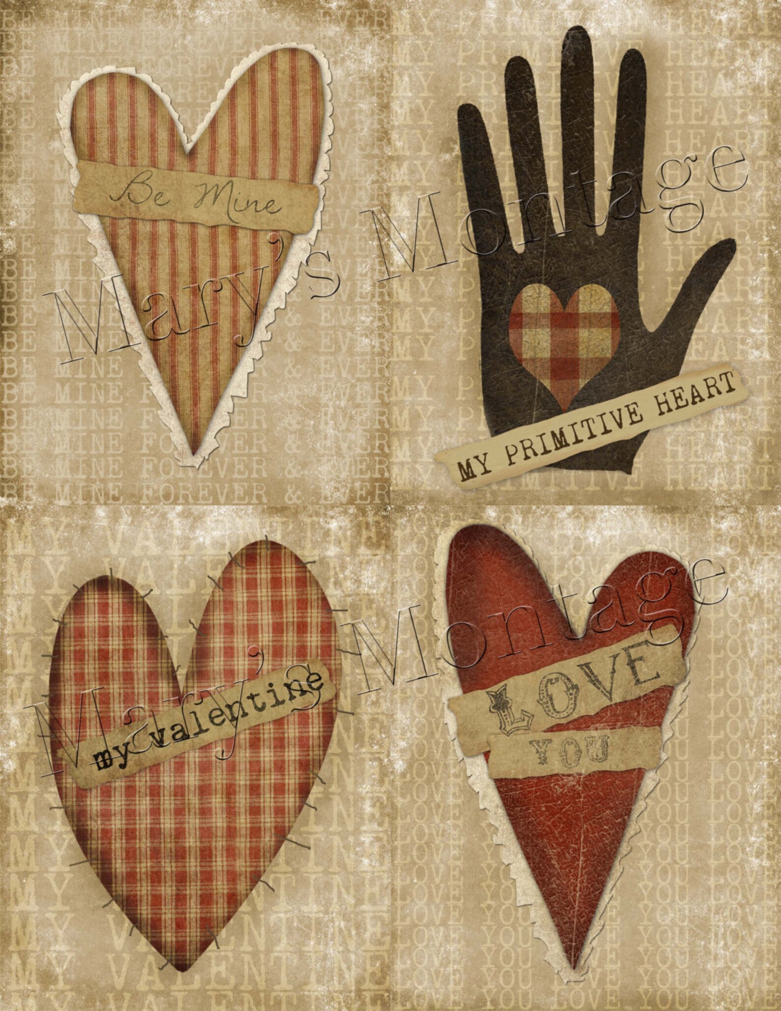 Primitive Hearts, Valentine, Card Making, Download, Print - Etsy