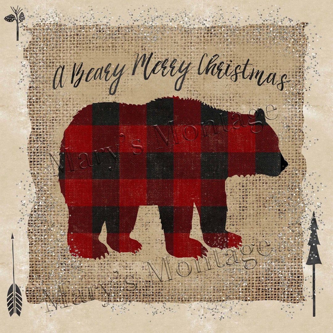 A Beary Merry Christmas, Printable Download, Buffalo Check, Lodge, 2 ...