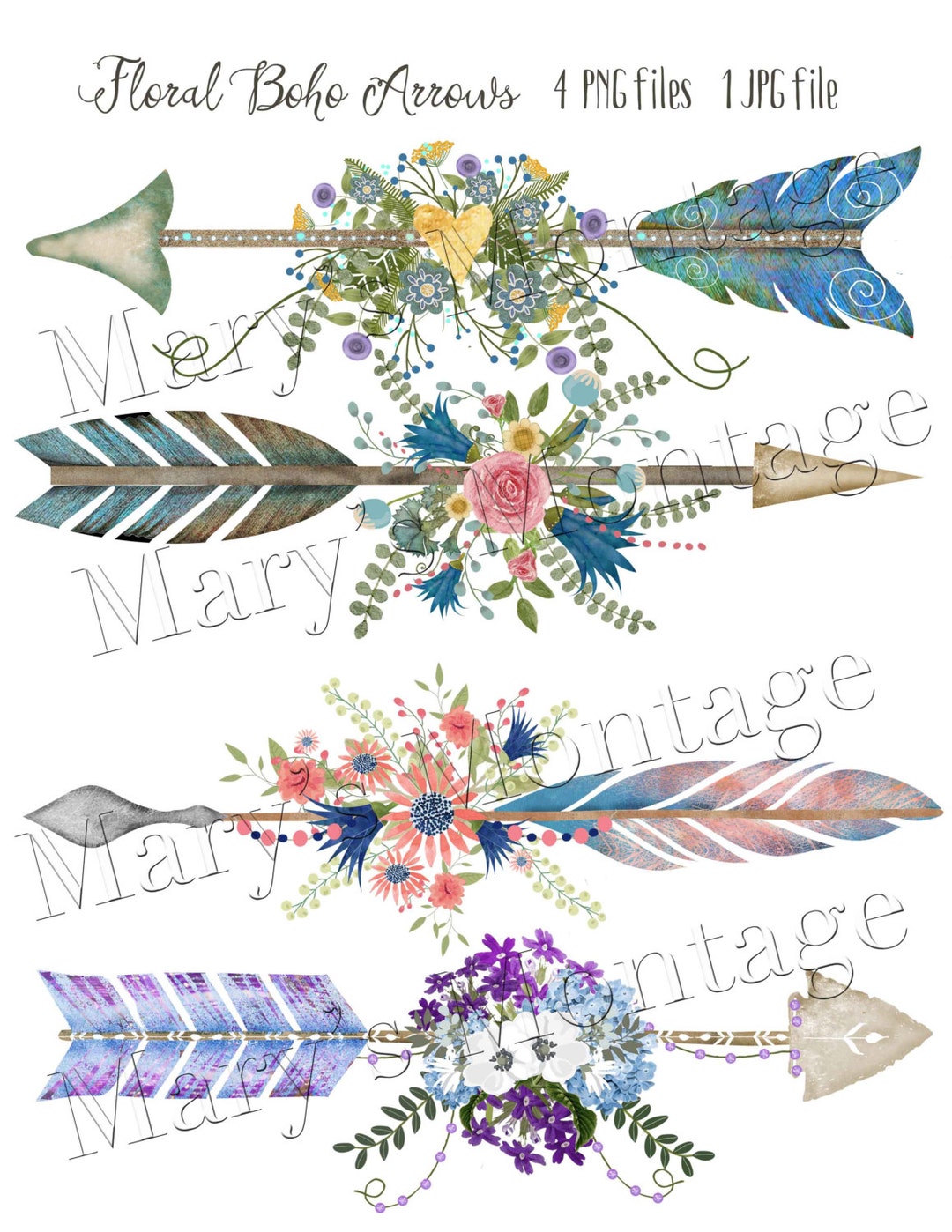 Floral Boho Arrows, Set of 4 PNG Files, 1 Printable Jpg Sheet - Etsy