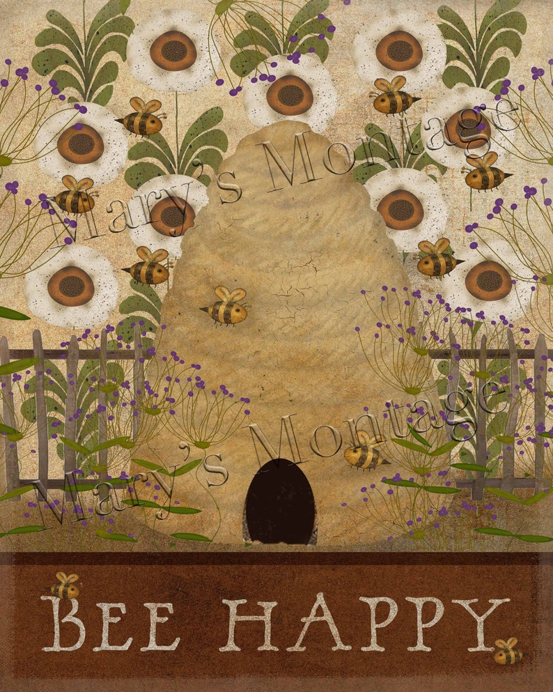 Bee Happy Bee Skep Art Primitive Printable Download 8x10 | Etsy