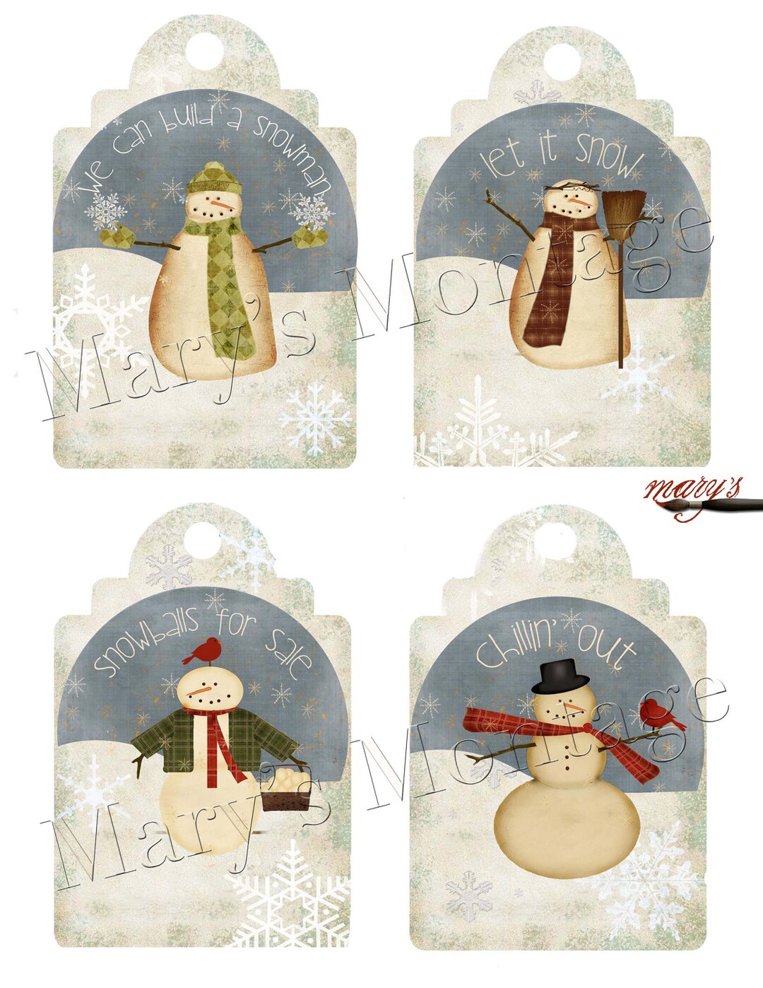 Snowman Tags, Large 4 on 8.5 X 11 Sheet, Download & Print - Etsy