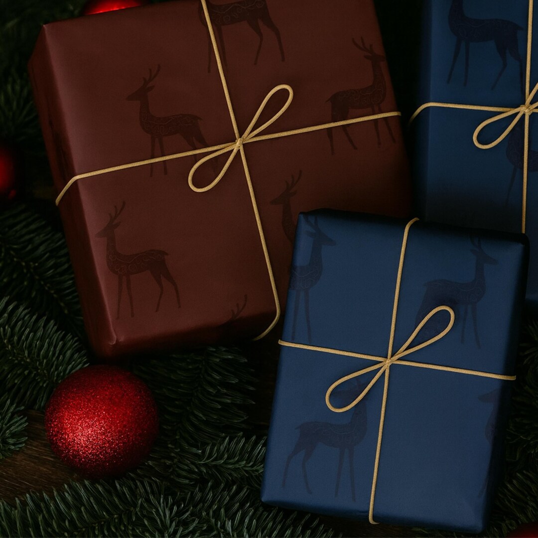Luxury Deer Wrapping Paper Bundle | Elegant Dark Blue & Maroon ...