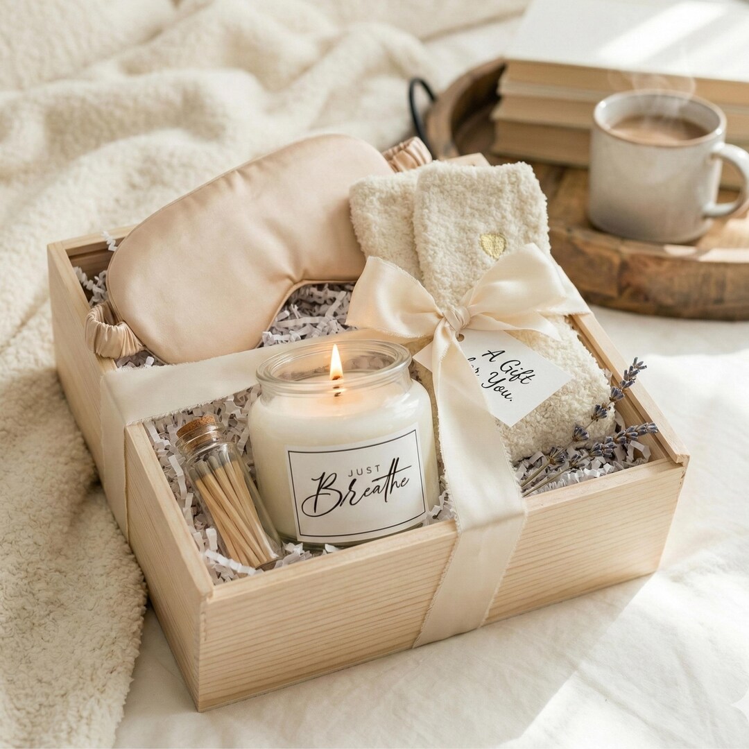 Self Care Gift Box for Her, Just Breathe Candle Gift Set With Cozy ...