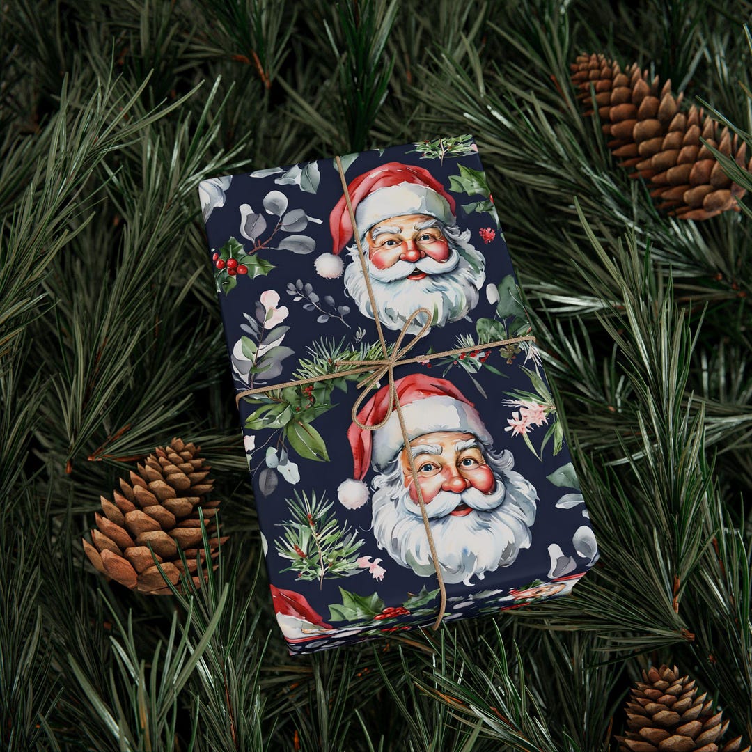 Vintage Santa and Navy Blue Wrapping Paper, Festive Christmas Gift Wrap ...