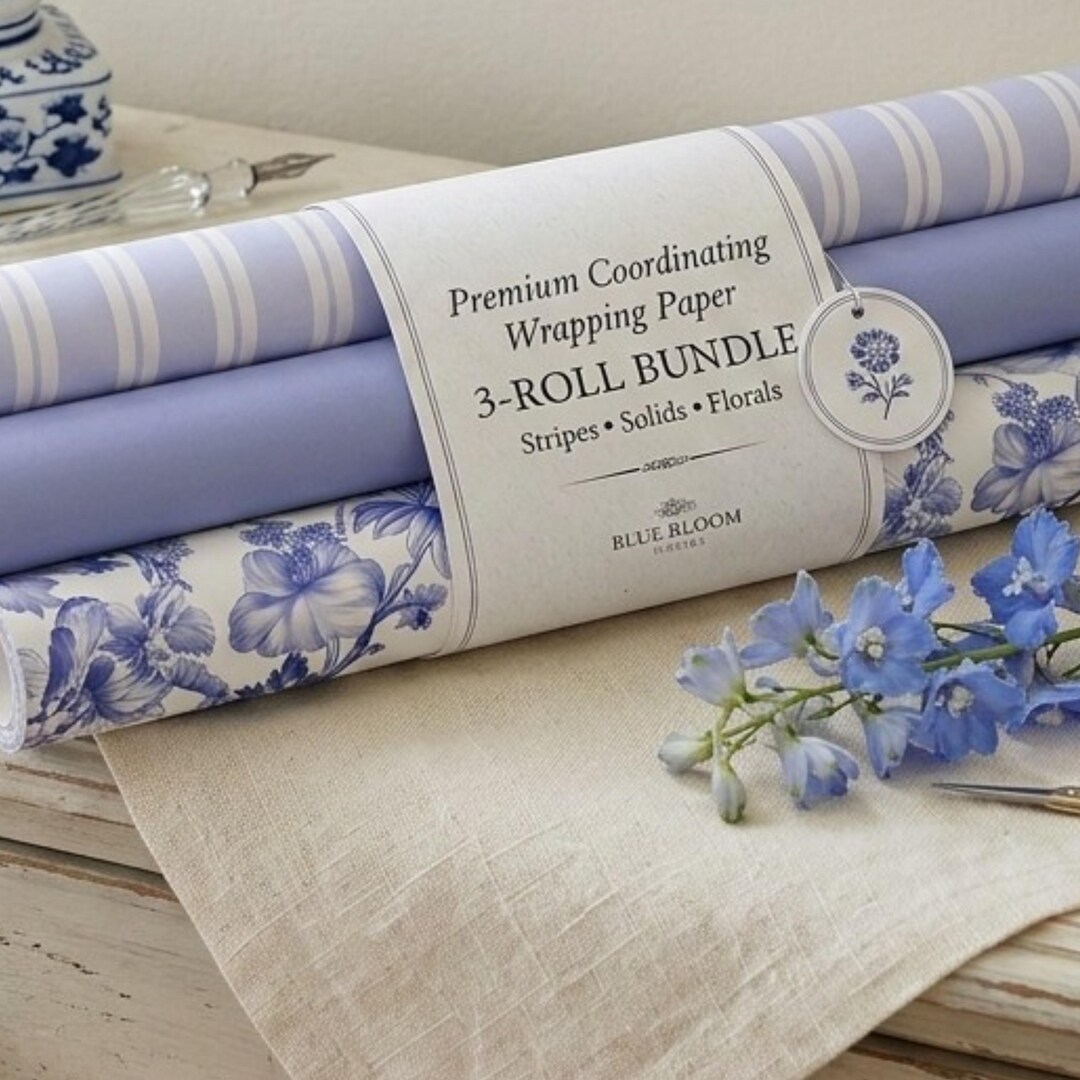 Gift Wrap Set: Blue Toile and Stripes - Eco-friendly Artisan Paper ...