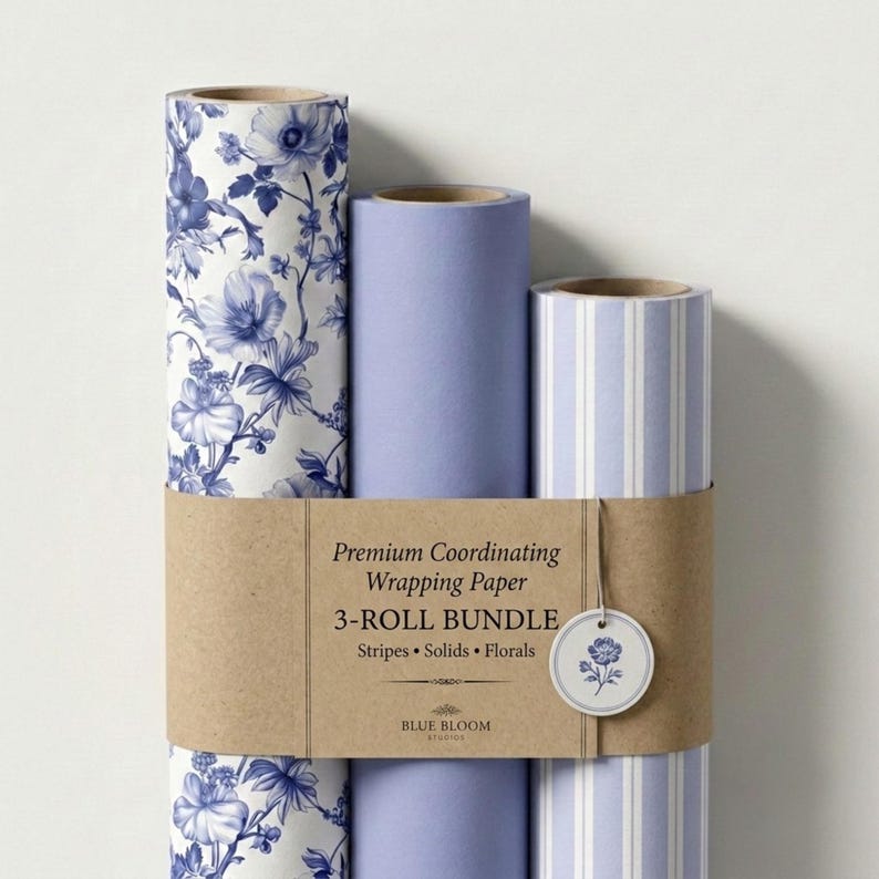 Gift Wrap Set: Blue Toile and Stripes - Eco-friendly Artisan Paper ...