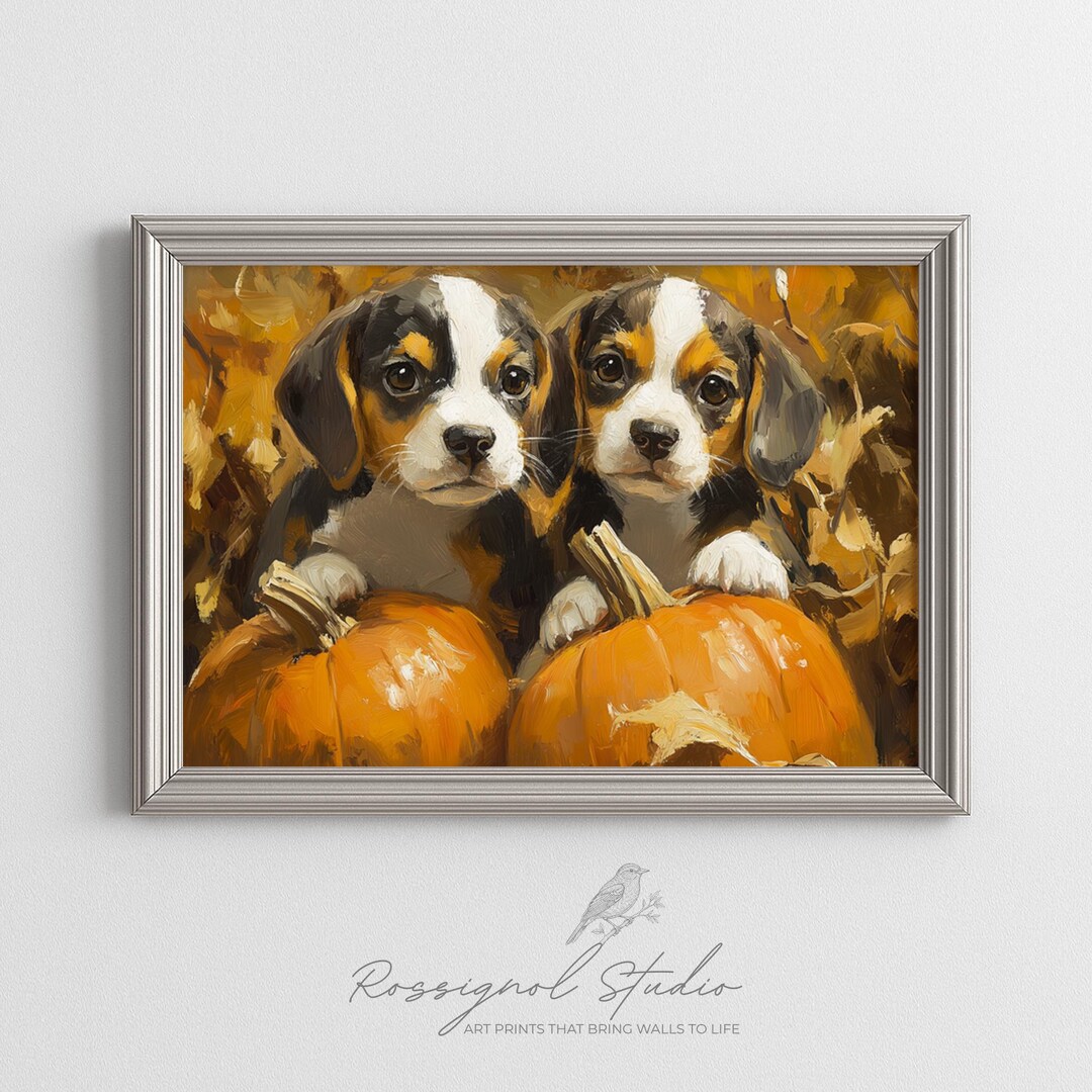 Beagle Puppies With Pumpkins Painting - Playful Autumn Printable Art ...