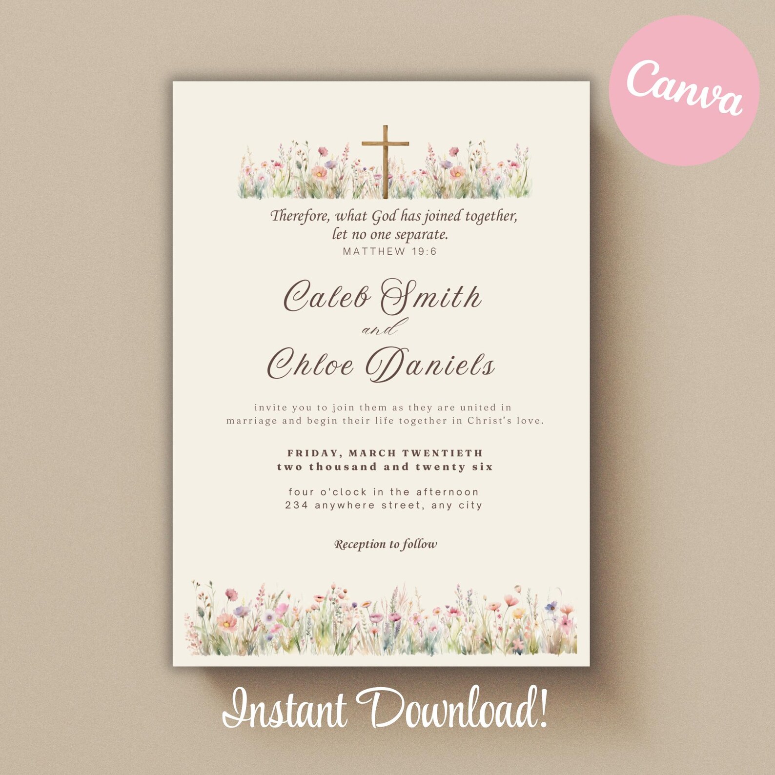 Floral Church Wedding Invitation, Christian Wedding Template, Editable ...