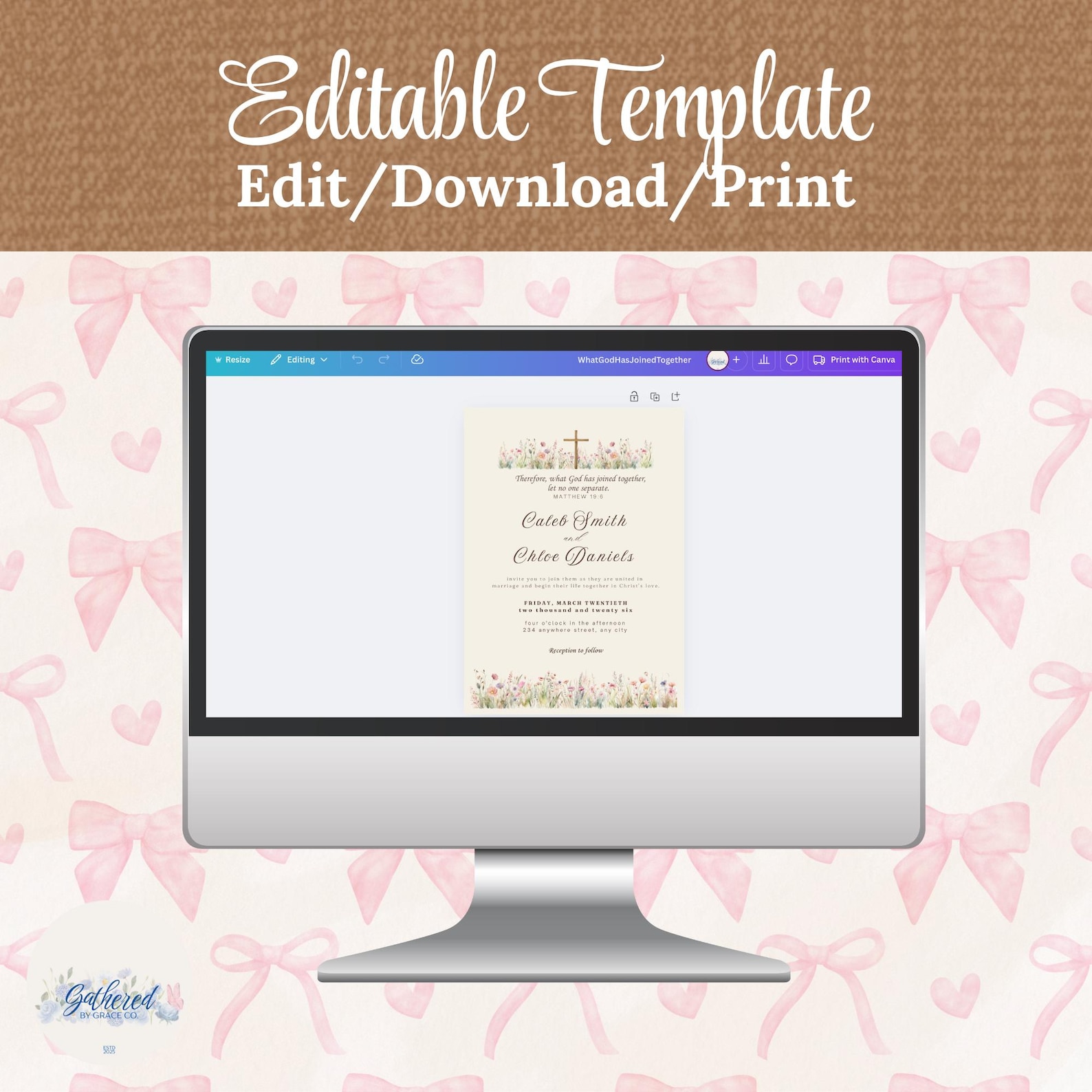 Floral Church Wedding Invitation, Christian Wedding Template, Editable ...
