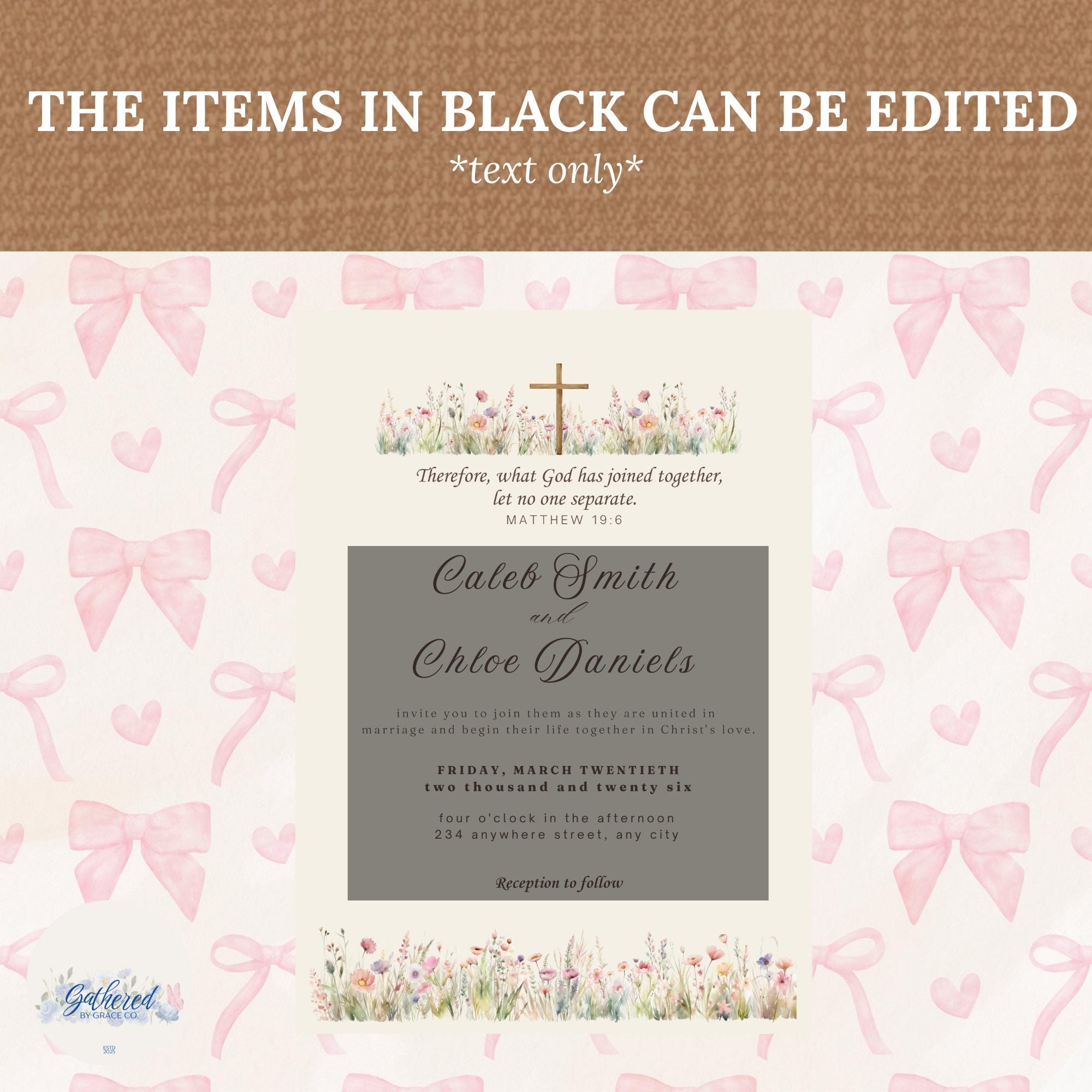 Floral Church Wedding Invitation, Christian Wedding Template, Editable ...