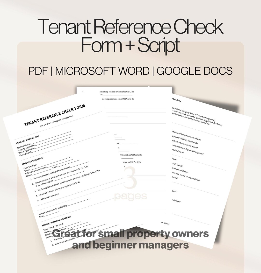 Tenant Reference Check Form + Call Script (editable PDF, Word, Google ...