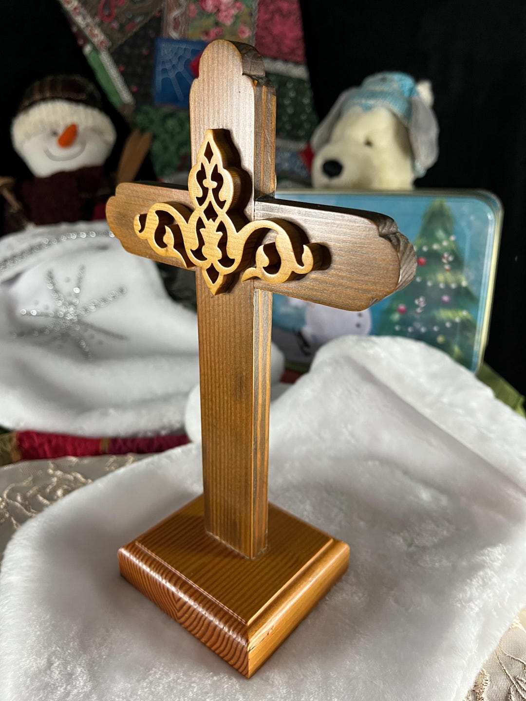 Handcrafted Wooden Tabletop Cross – 9” Scroll-cut Fleur-de-lis ...
