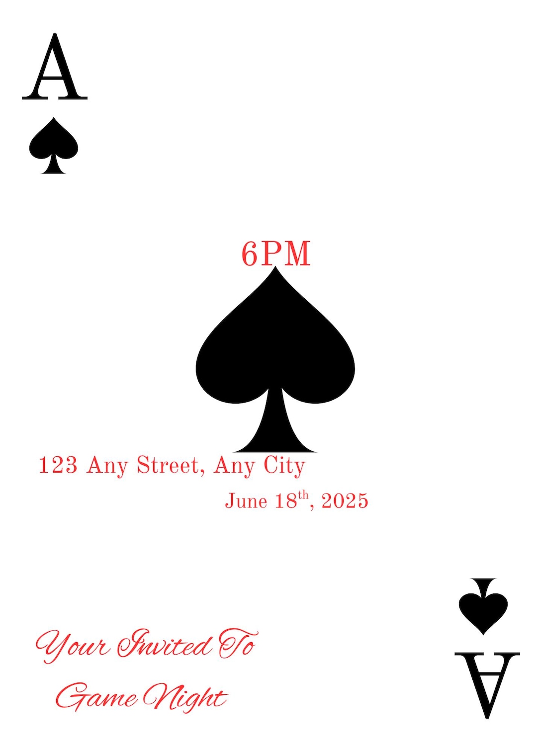 Ace of Spades Game Night Invitations, Elegant, Simple, Deck of Cards ...