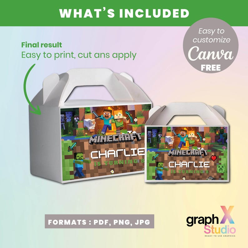 Minecraft Lunch Box Label | Editable Canva Free Template | Pixel Party ...
