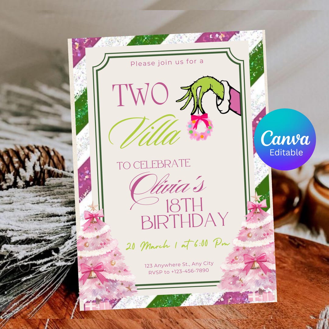 Editable Grinch Twoville Invite Birthday Invitation Pink Girls 2nd TWO ...