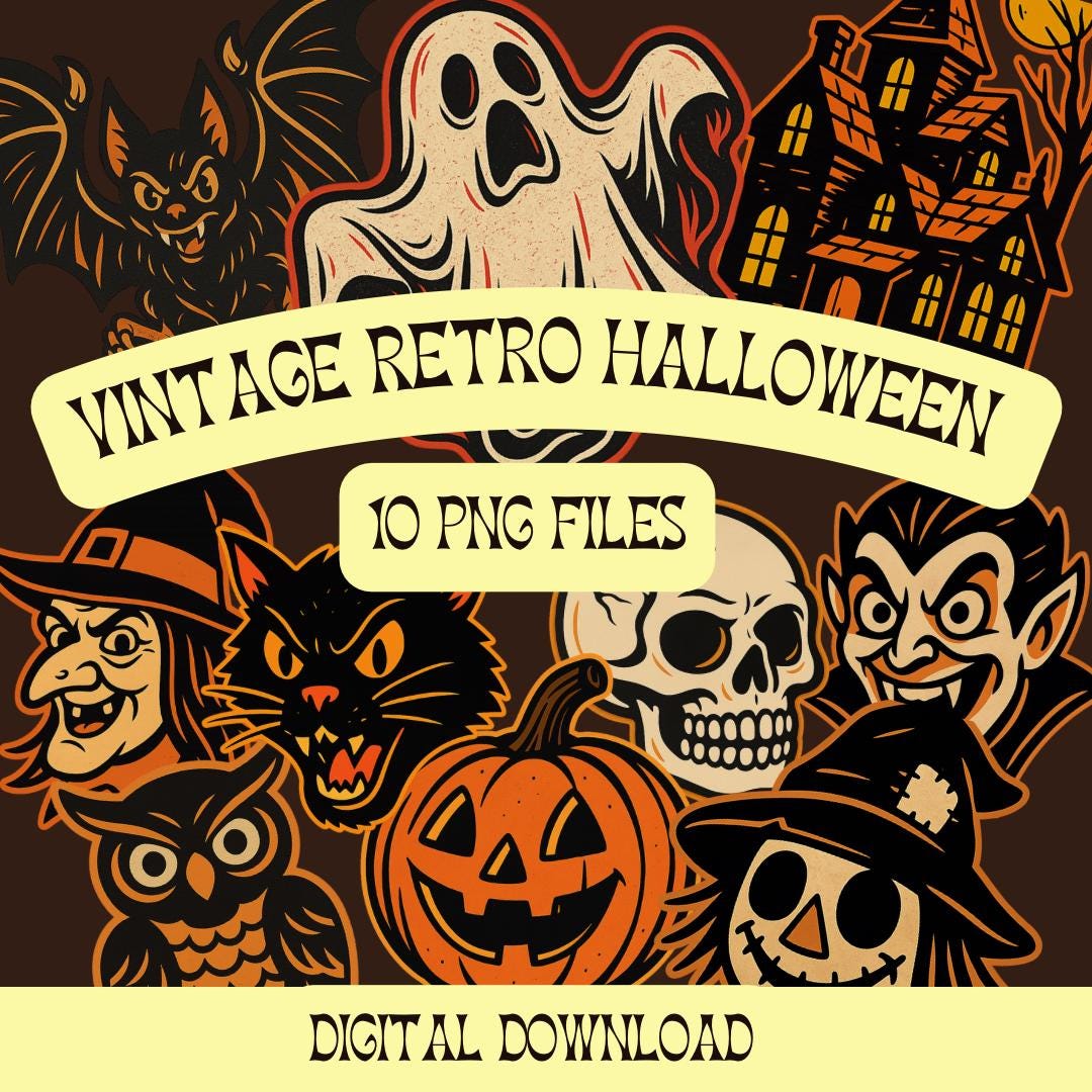 Vintage Retro Halloween Clipart Bundle: 10 PNG Graphics (digital ...