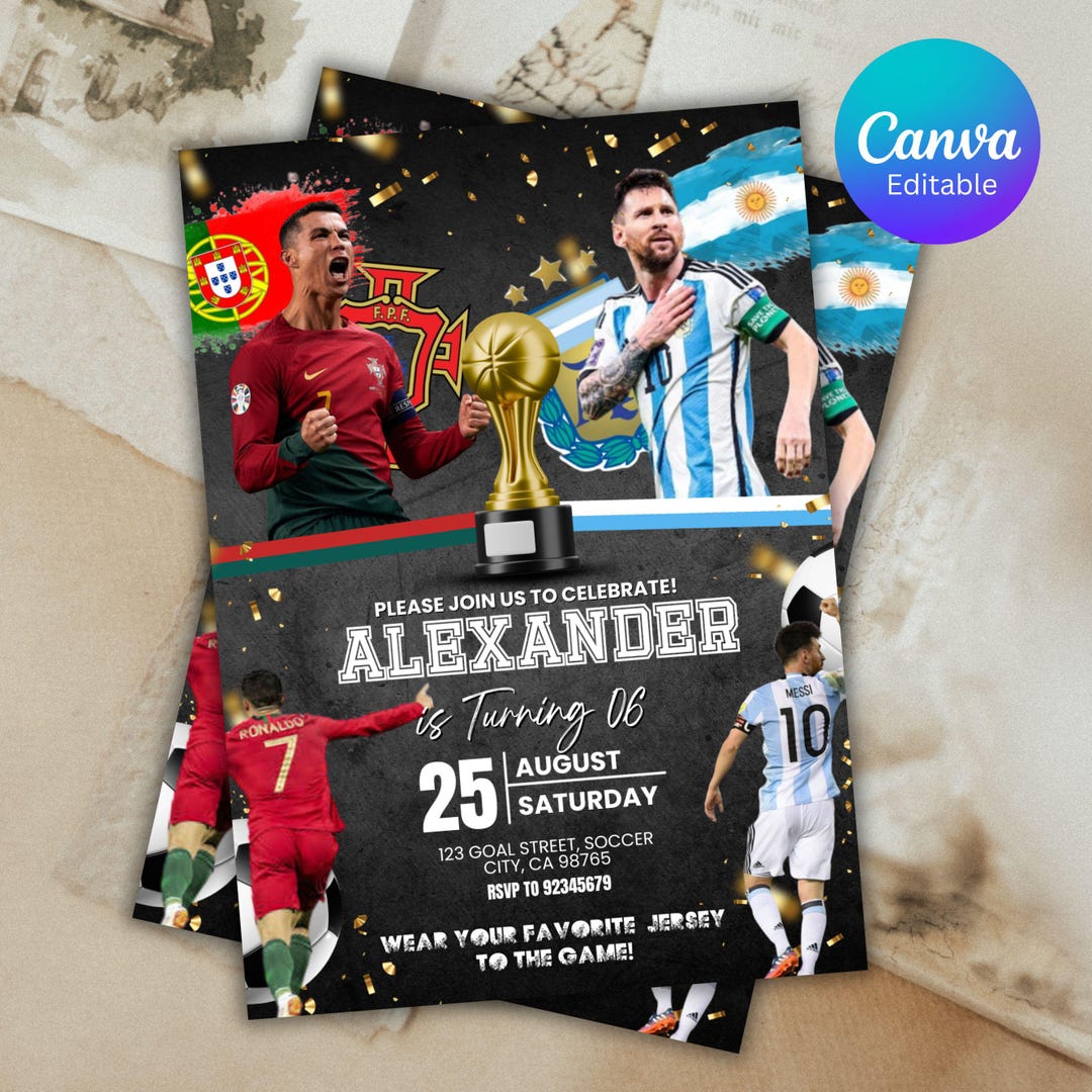 Cristiano Ronaldo Soccer Birthday Invitation | Editable Football Party ...