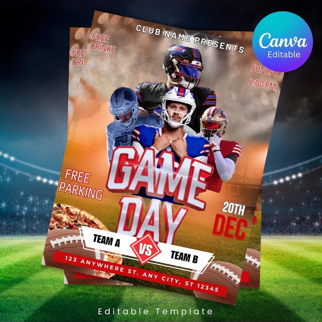 Editable Game Day Football Flyer Template: Sports Party Invitation ...