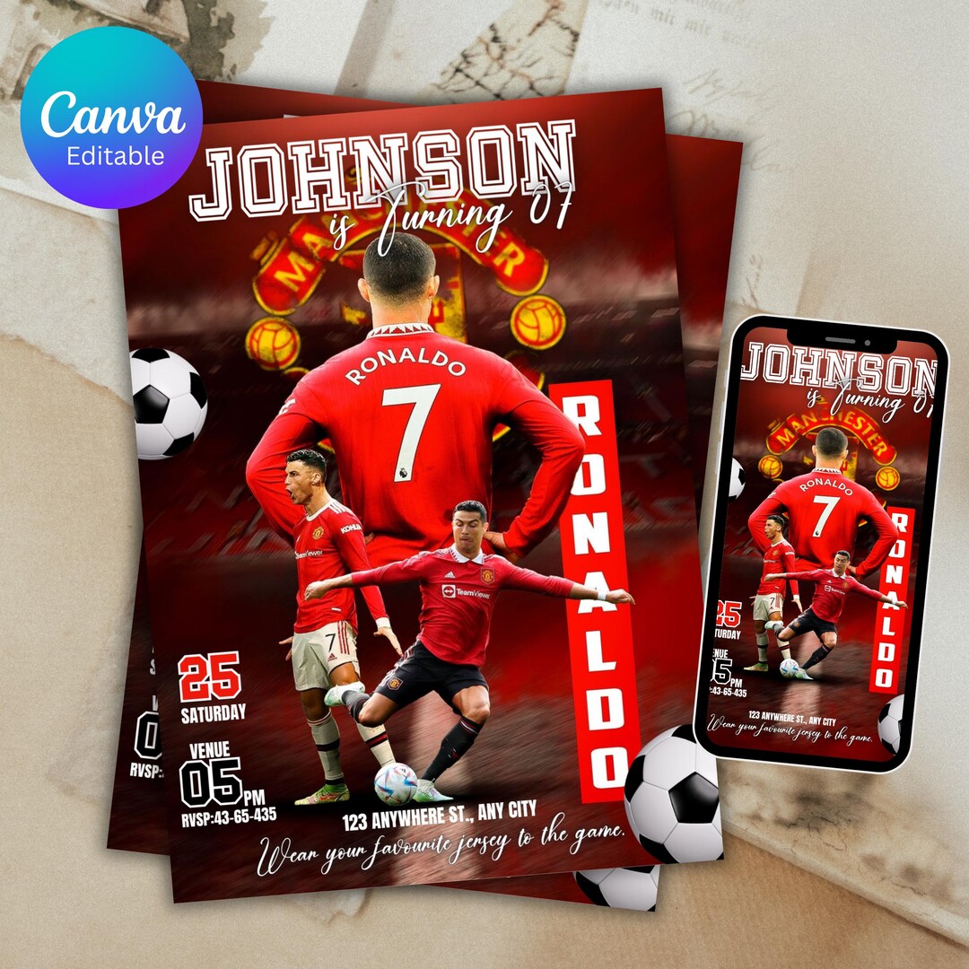 Cristiano Ronaldo Birthday Invitation: Soccer Party, CR7 Theme (digital ...