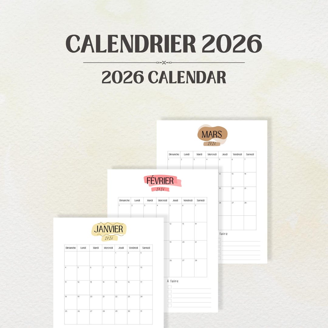 Digital Monthly Calendar 2026 Bilingual (FR + EN), Printable Template ...