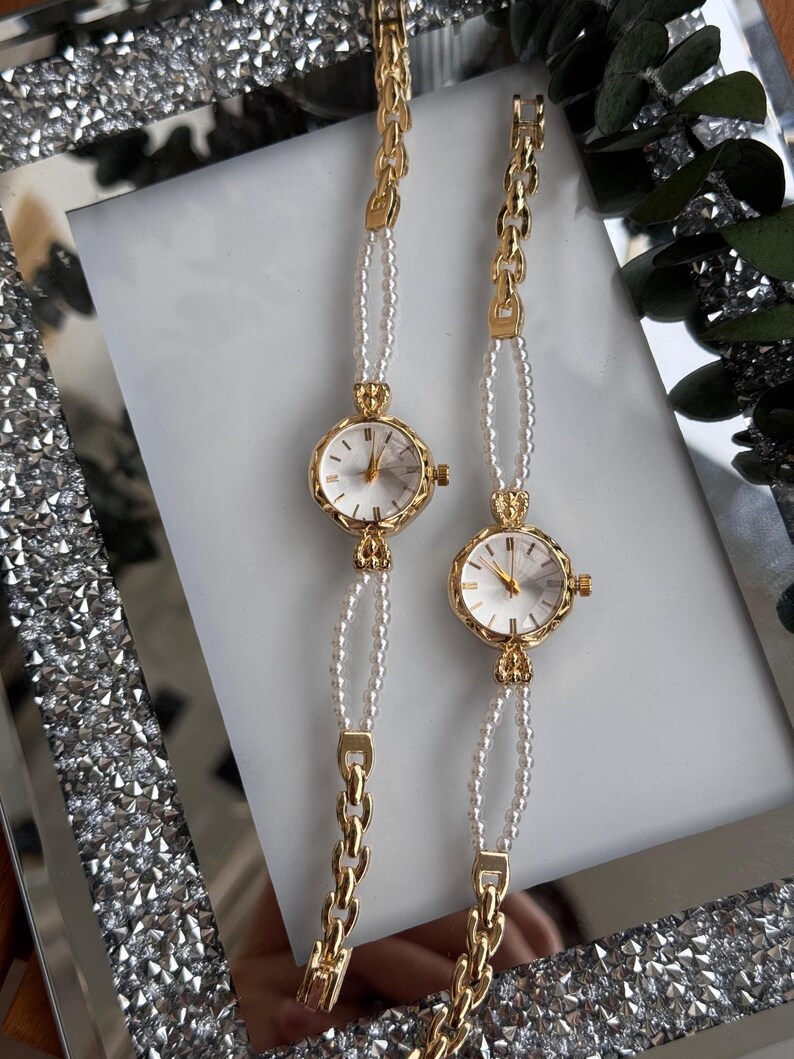 Pearl Bracelet Women’s Watch, Gold Tone Watch, Small Dial Quartz, Gift ...