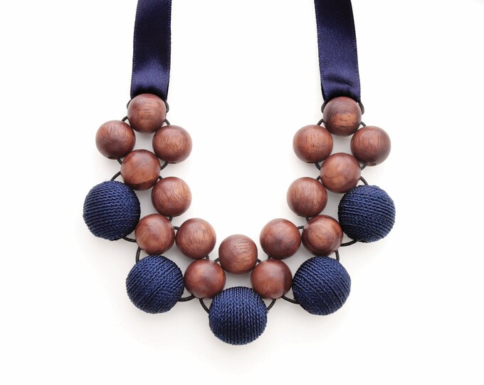 Wood Statement Necklace, Wooden Bead and Fabric Bead Necklace, Blue ...