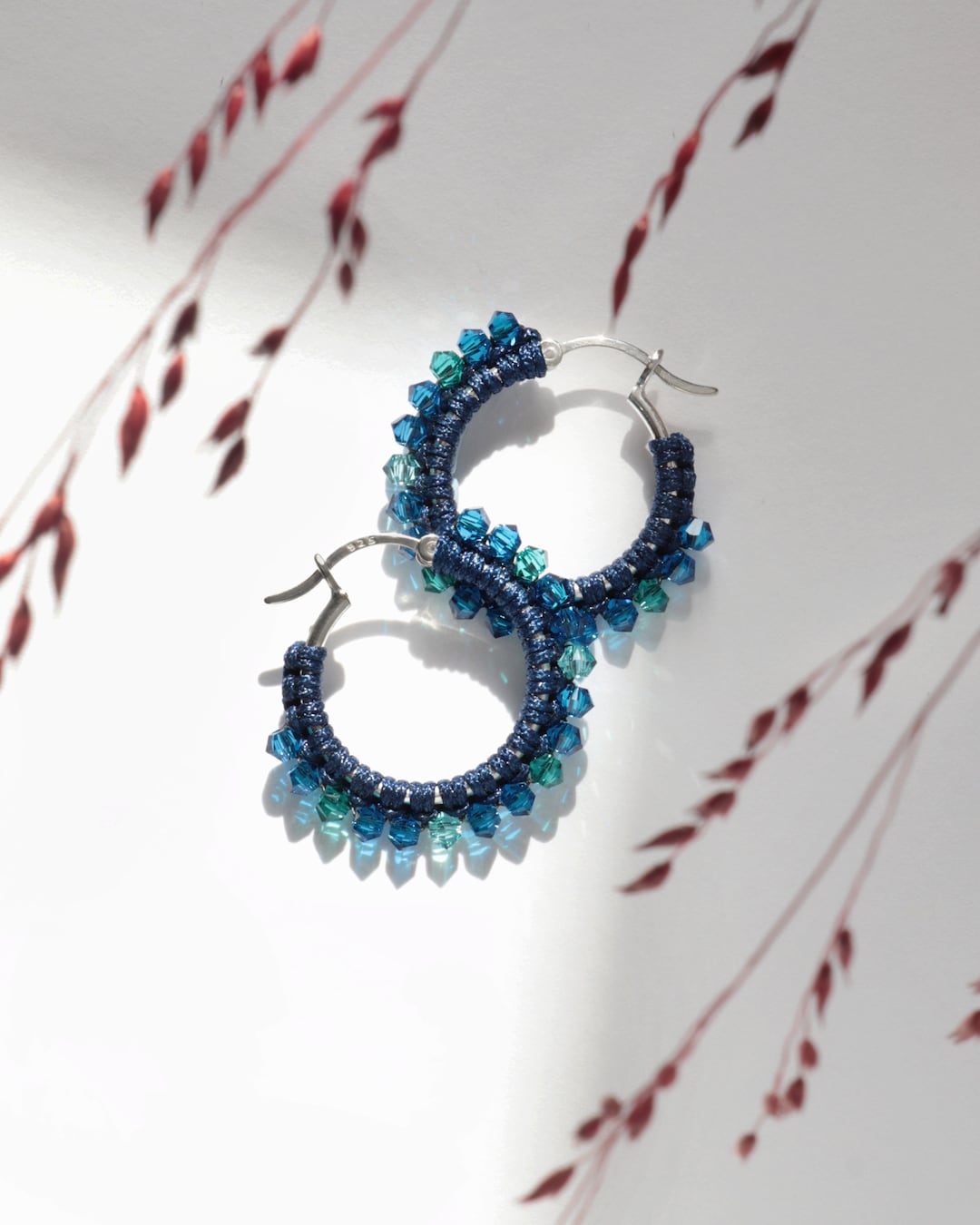 Medium Blue Crystal Spike & Macramé Hoop Earrings on Sterling Silver ...