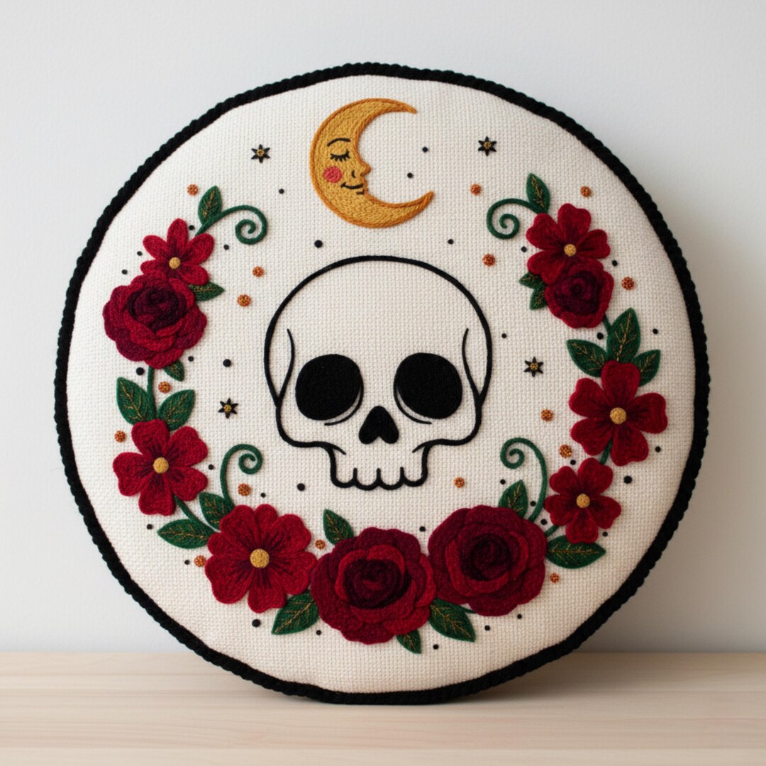 Floral Skull Punch Needle Pattern: Gothic Moon & Roses (PDF + PNG) - Etsy