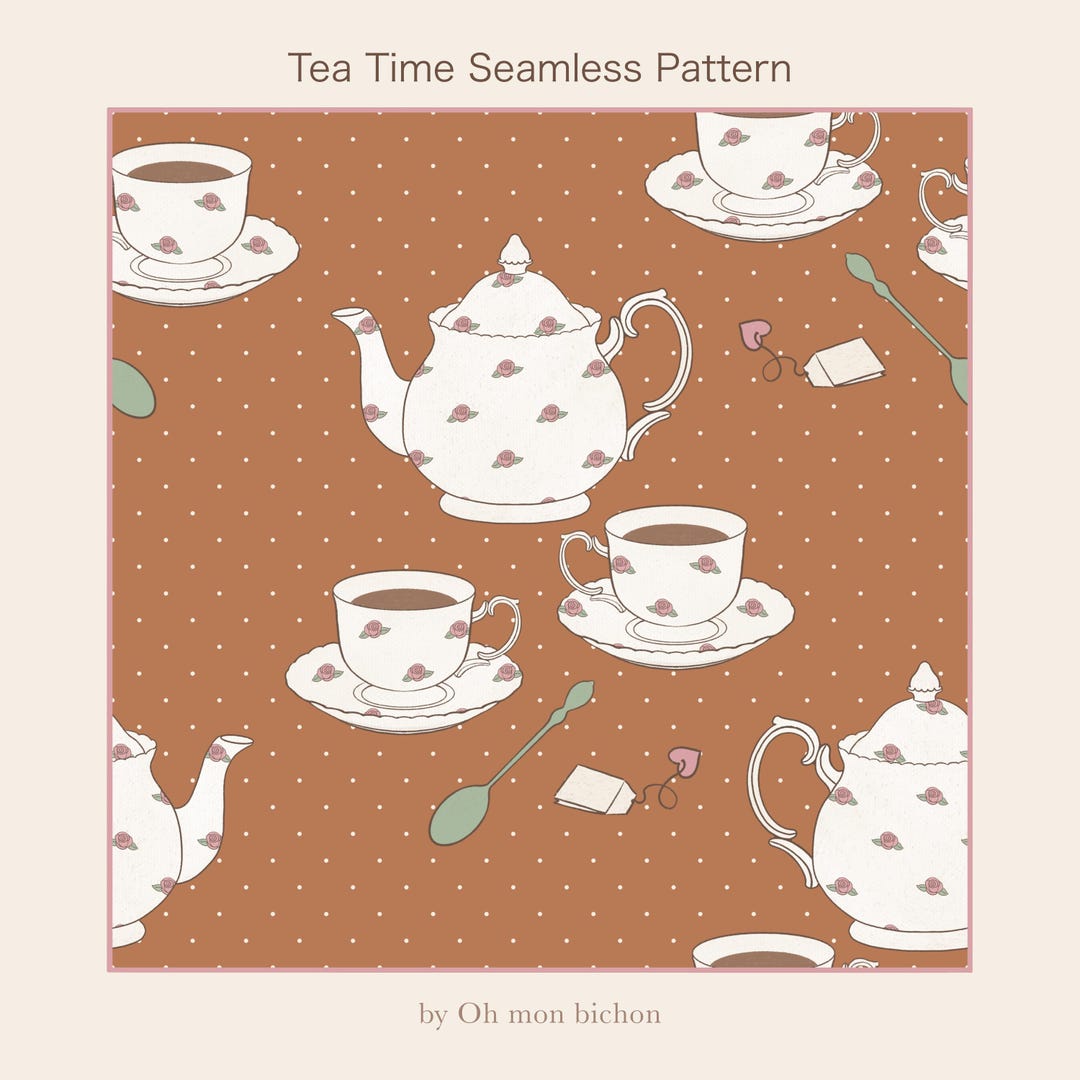 Tea Time Seamless Pattern, Tea Cups Illustration, Cozy Vintage Cottage ...